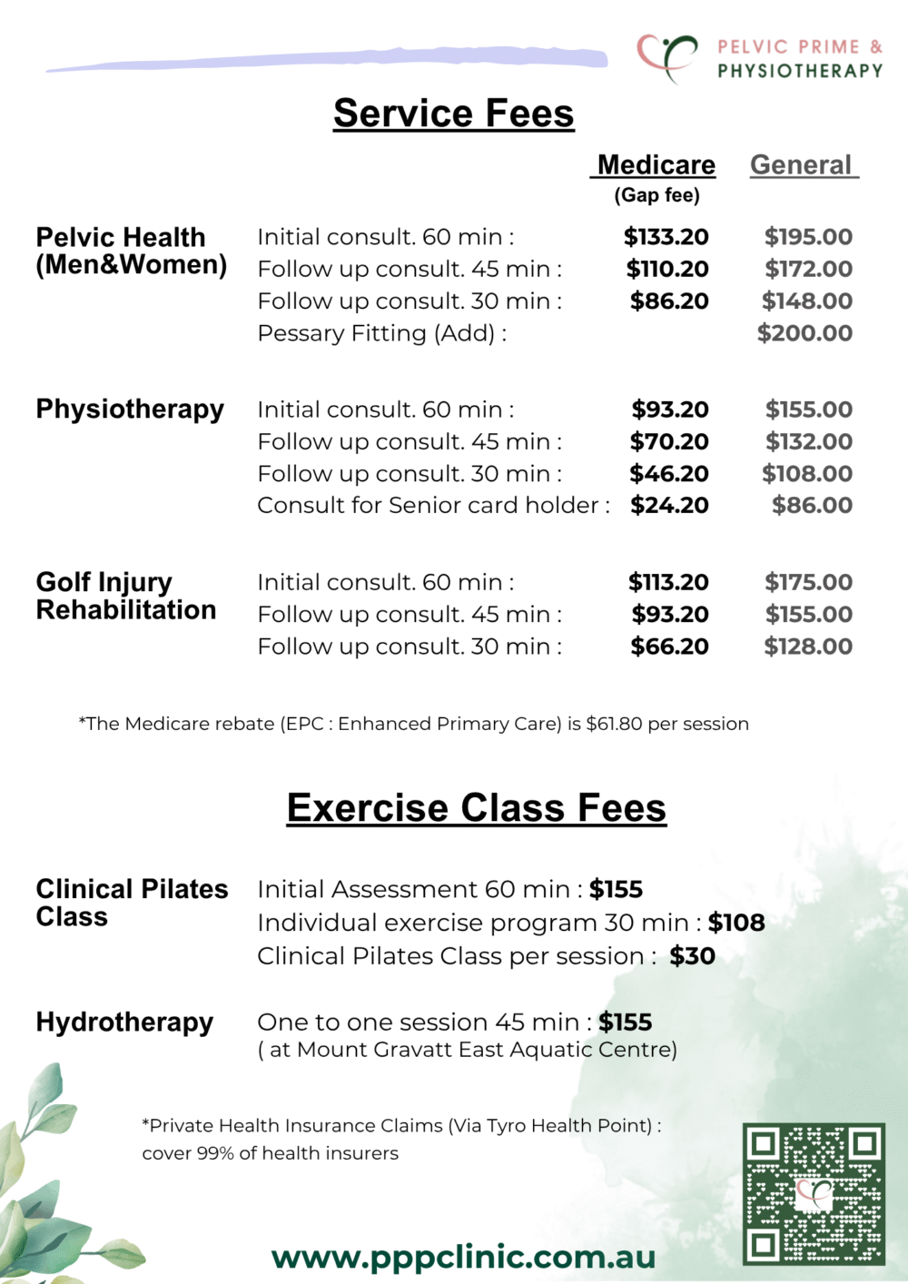 Service Fees | Pelvic Prime & Physiotherapy Clinic | Brisbane
